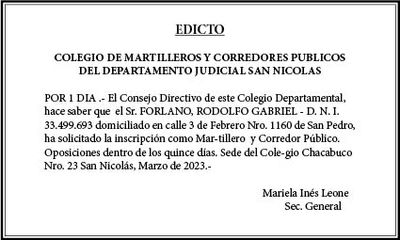 EDICTO: Inscripción de FORLANO, RODOLFO GABRIEL como Martillero y ...