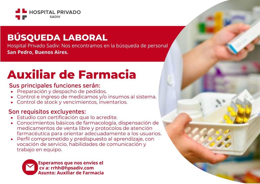 Búsqueda laboral: Hospital Sadiv incorpora Auxiliar de Farmacia – Las ...