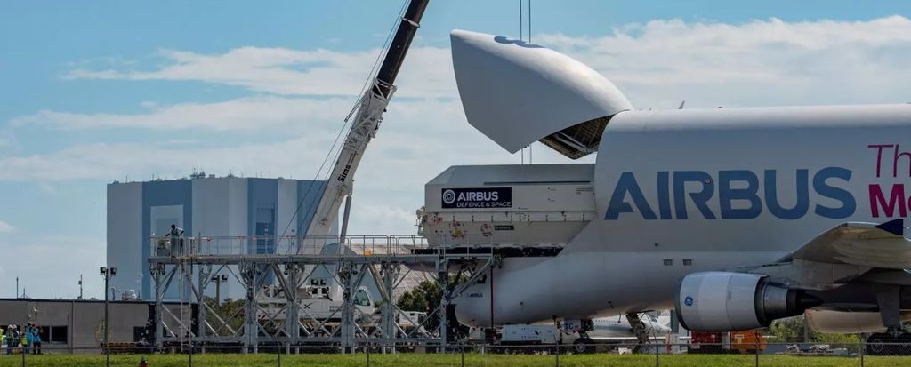 Beluga transports a satellite built by Airbus to Kennedy Space Center ...